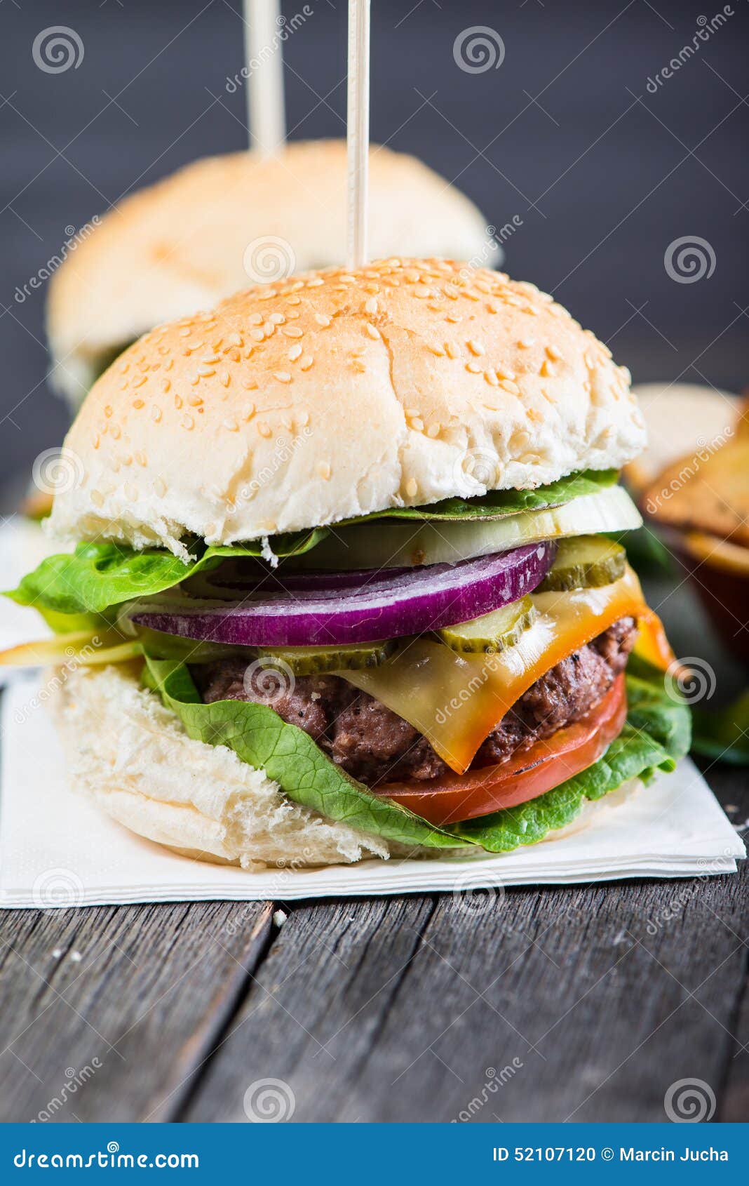 Closeup Pub Style Burger on Table Stock Photo - Image of fastfood ...