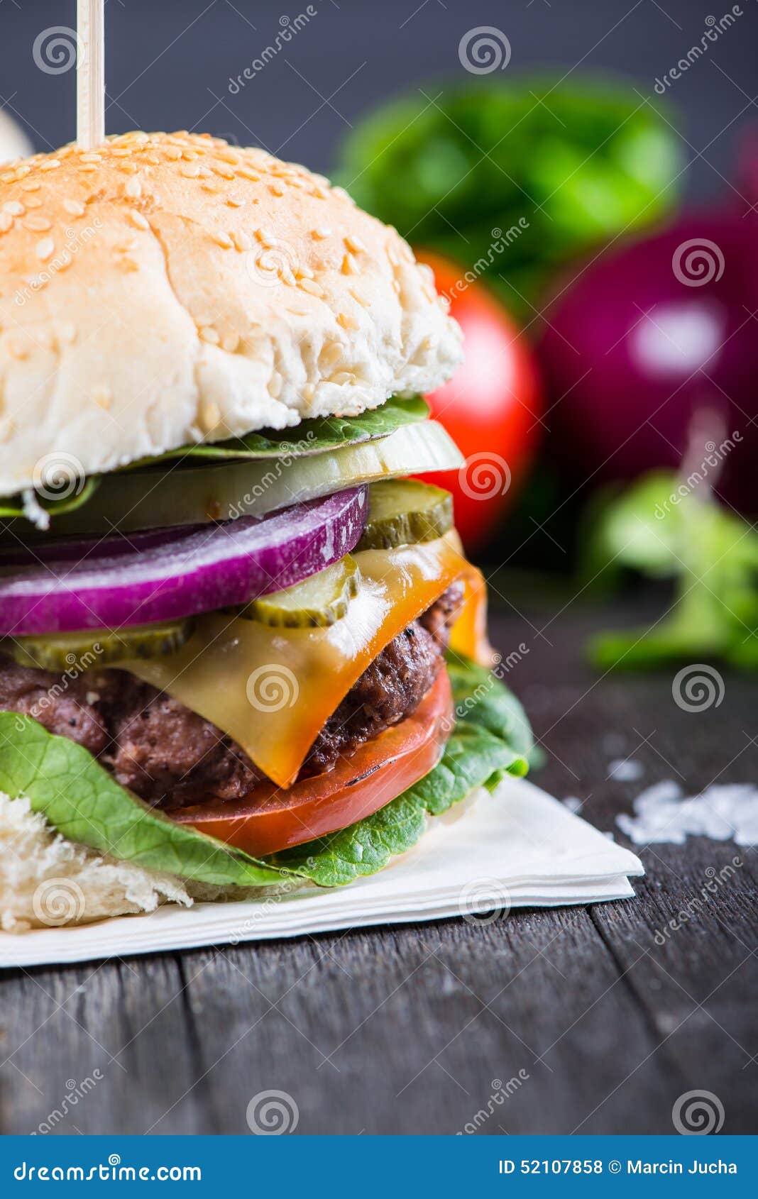 Closeup Pub Style Burger on Table Stock Photo - Image of fast, cheese ...