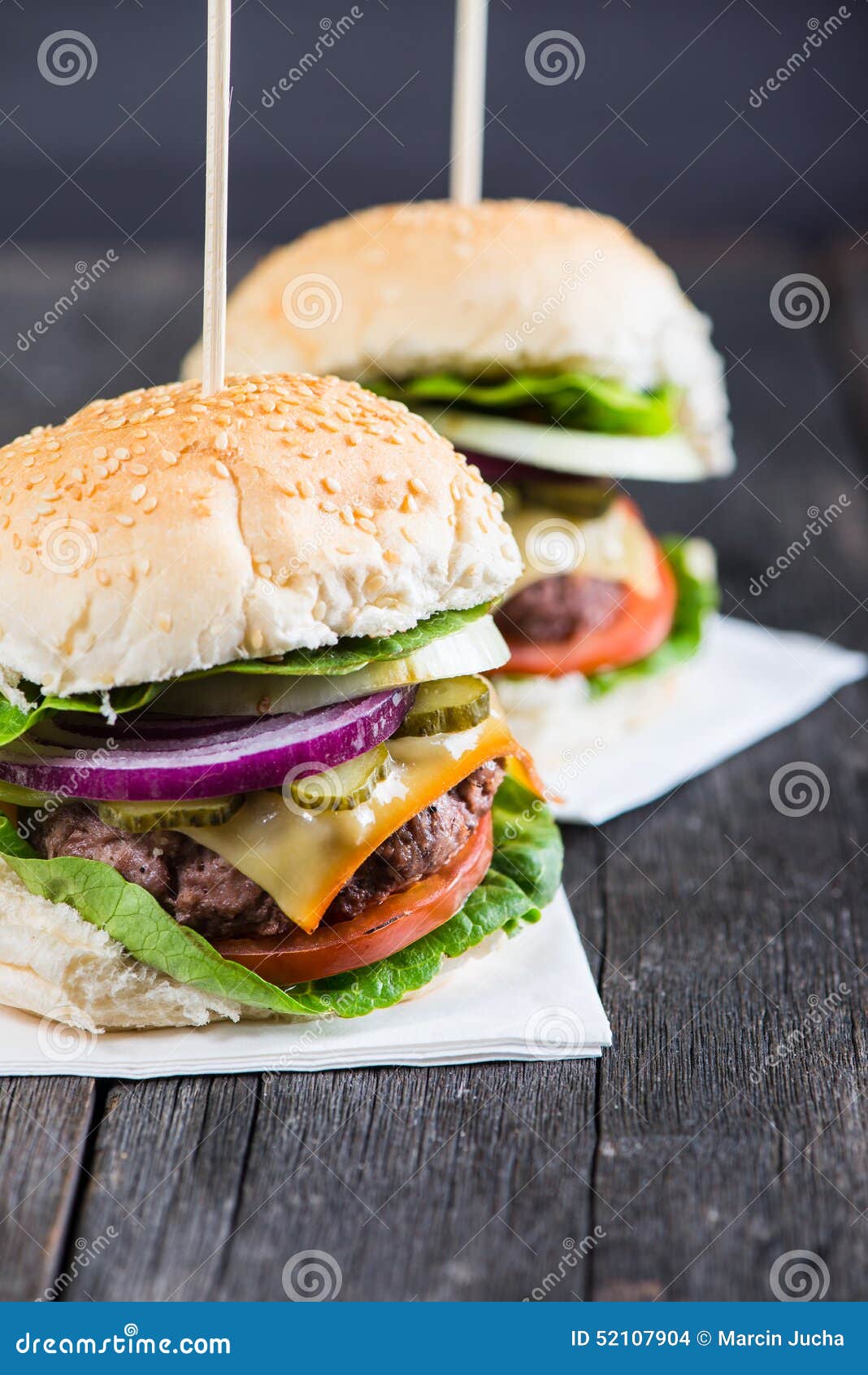 Closeup Pub Style Burger on Table Stock Photo - Image of barbecue ...