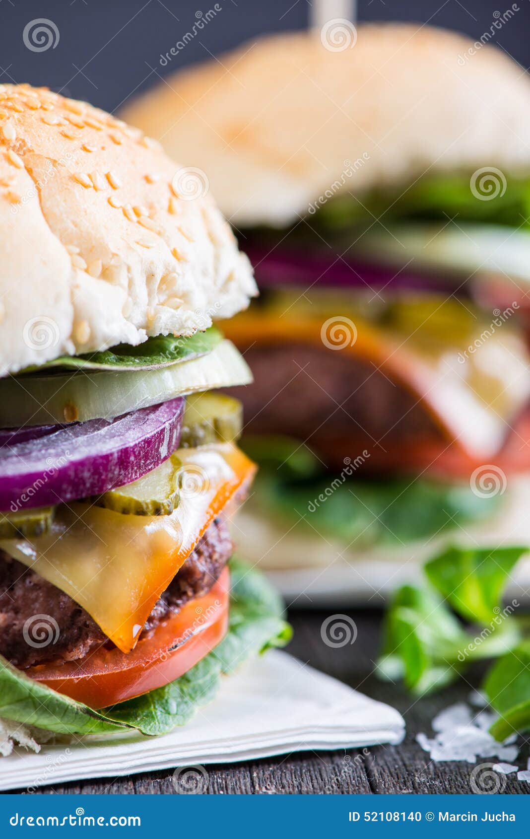 Closeup Pub Style Burger on Table Stock Photo - Image of delicious ...