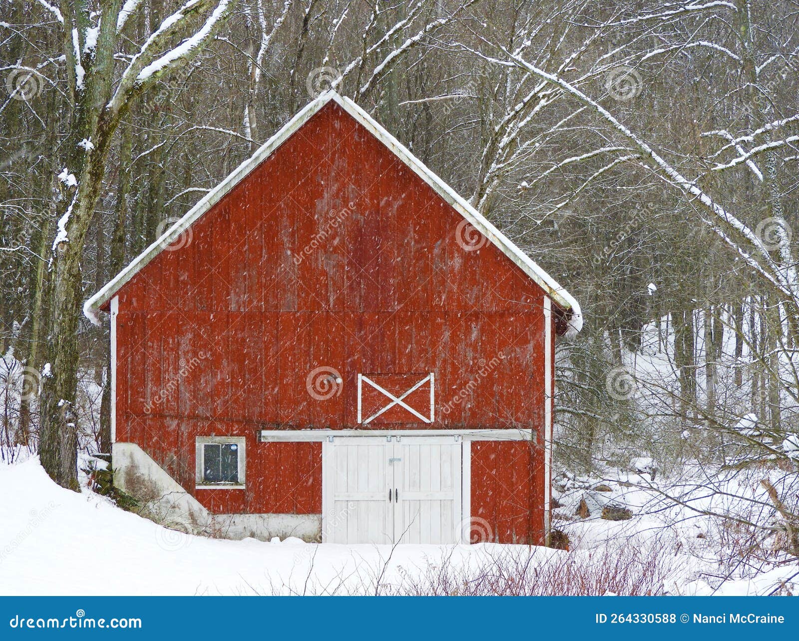 Gable Roof Closeup of Red Barn in Winter Snowstorm Stock Photo - Image ...