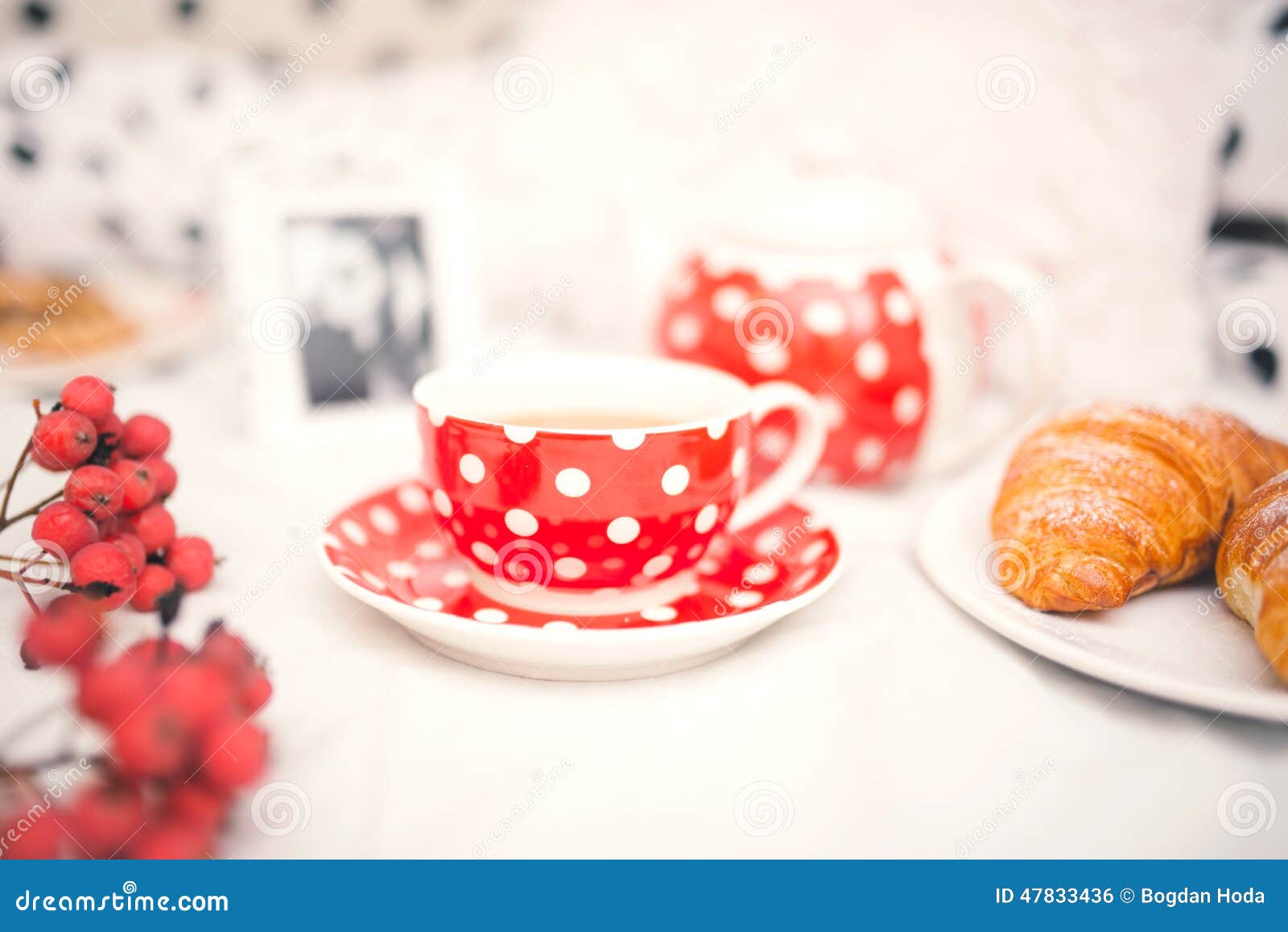 Closeup of Red Dots Coffee Cup and Butter Croissants As Breakfast Stock ...