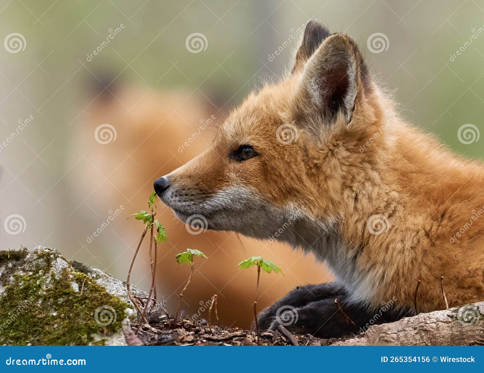 Closeup of a Red Kit Fox Sitting on Roots of a Tree Covered with Moss ...