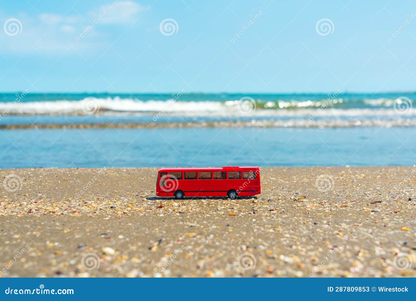 Closeup of a Red Toy Bus on the Sandy Beach Stock Image - Image of play ...