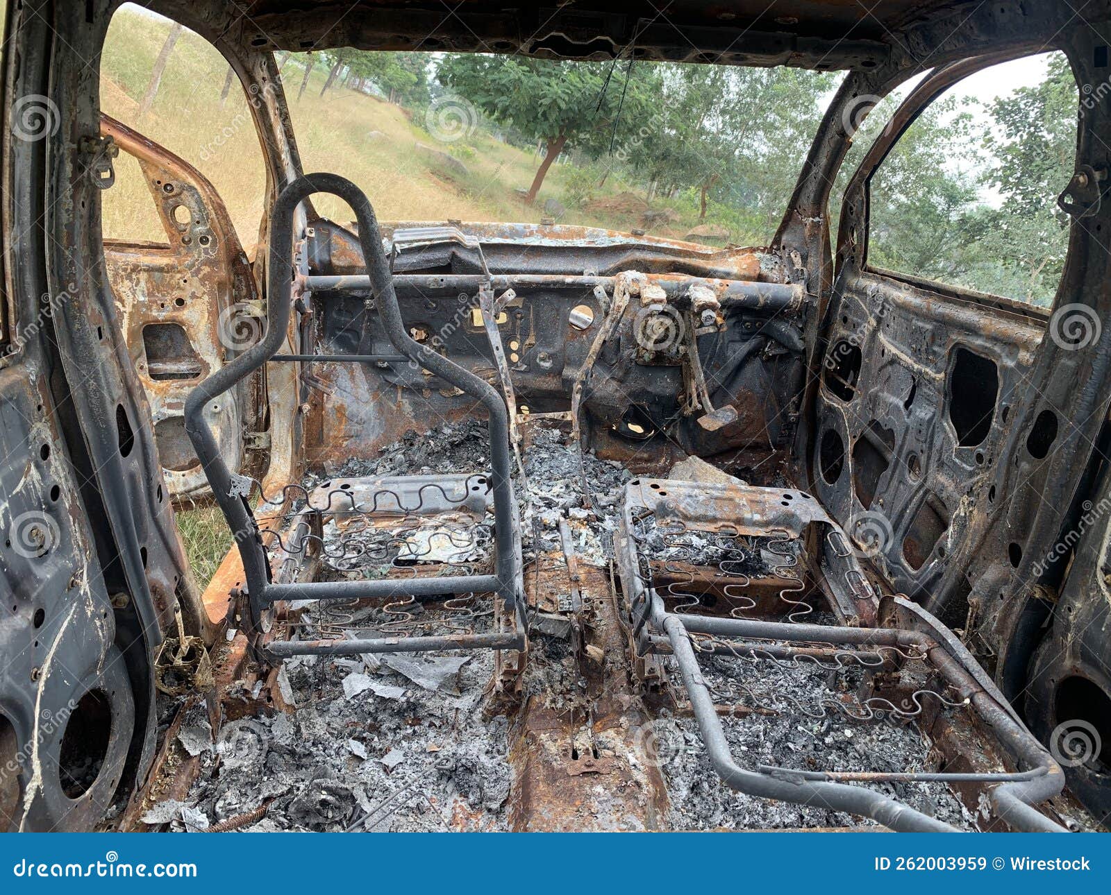 Closeup of the Remains of an Old Crashed Car Burned from the Inside ...