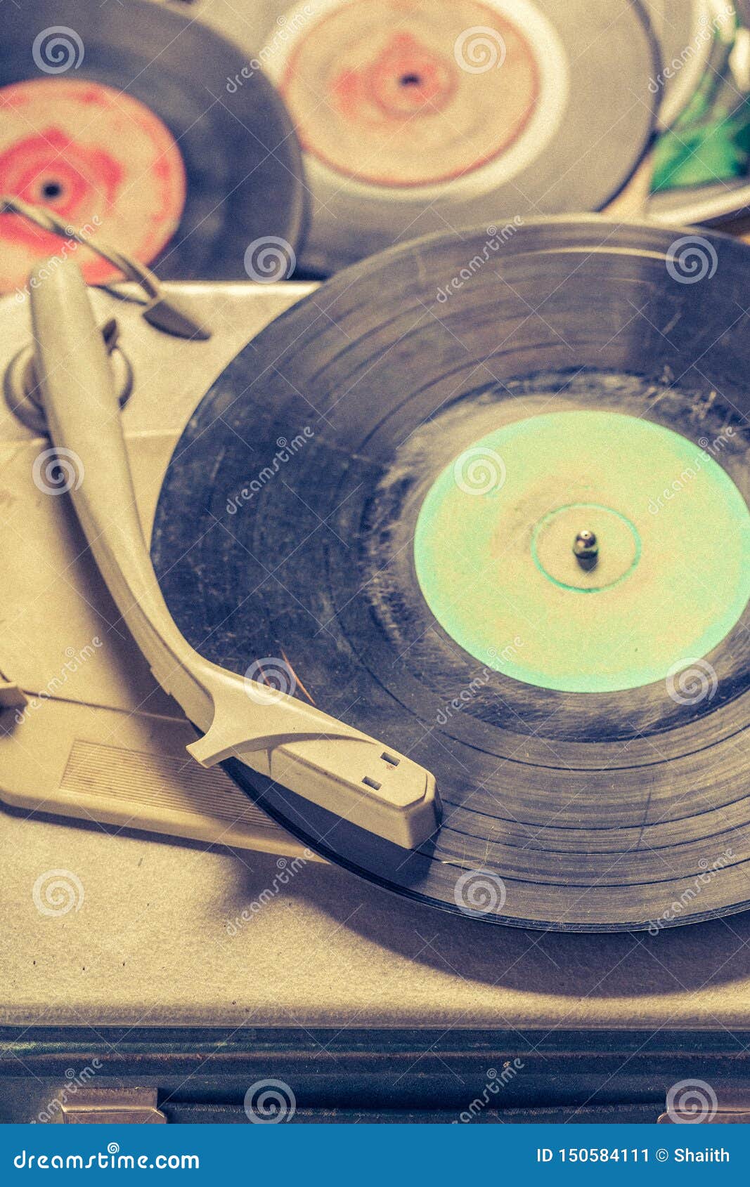 Retro Record Player and Stack of Vinyl Records Stock Image - Image of ...
