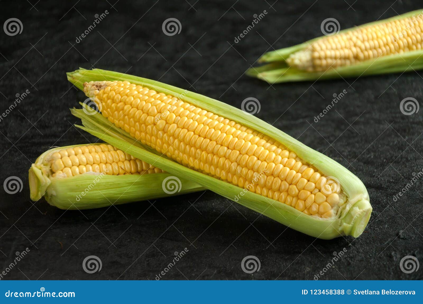Closeup Ripe Fresh Corn on Dark Background Stock Photo - Image of leaf ...