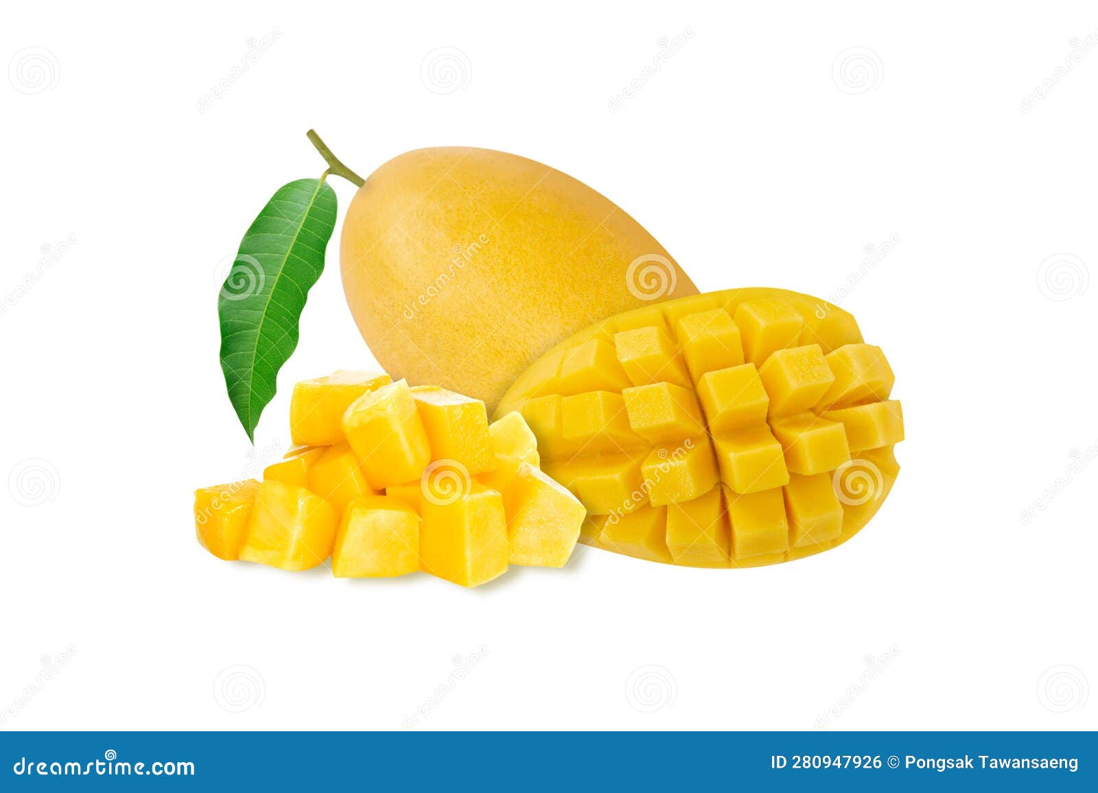 Closeup Ripe Mango Tropical Fruit with Leaves Isolated on White ...