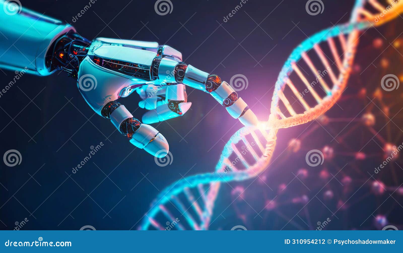 Closeup Robot Hand Touching a DNA Chain. Artificial Intelligence ...