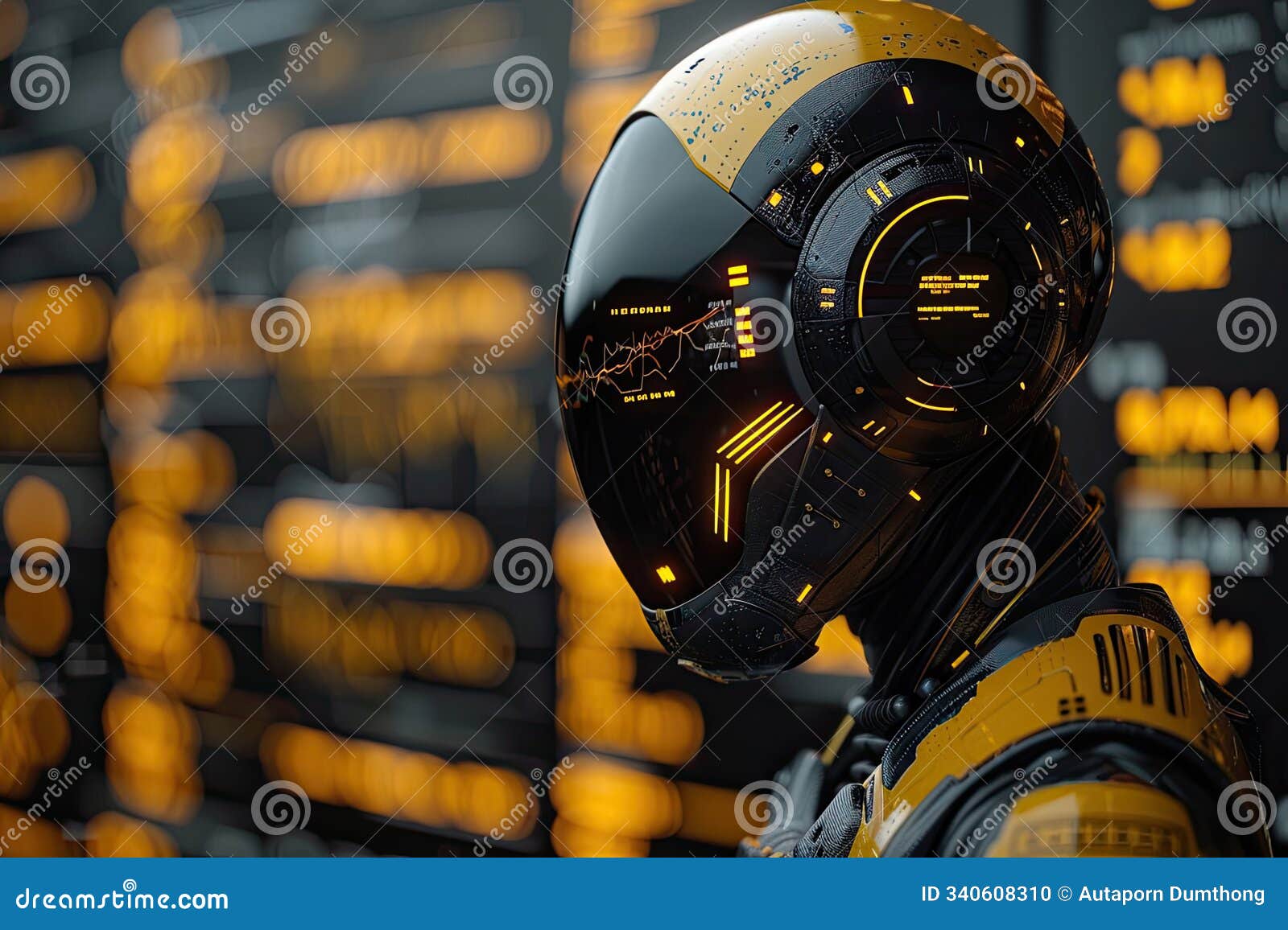 A Closeup of a Robots Face. the Robot Has a Yellow and Black Helmet ...