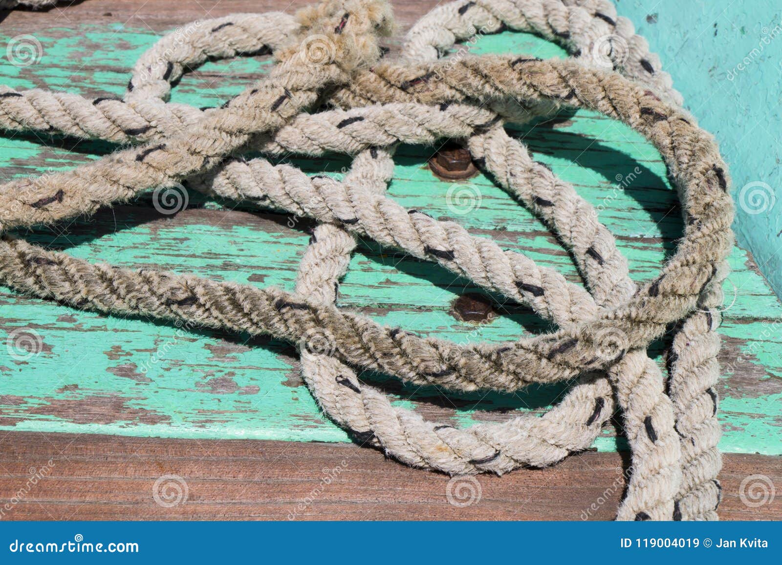 Closeup of Rope on Teal Ship Deck. Stock Image - Image of blue, loose ...