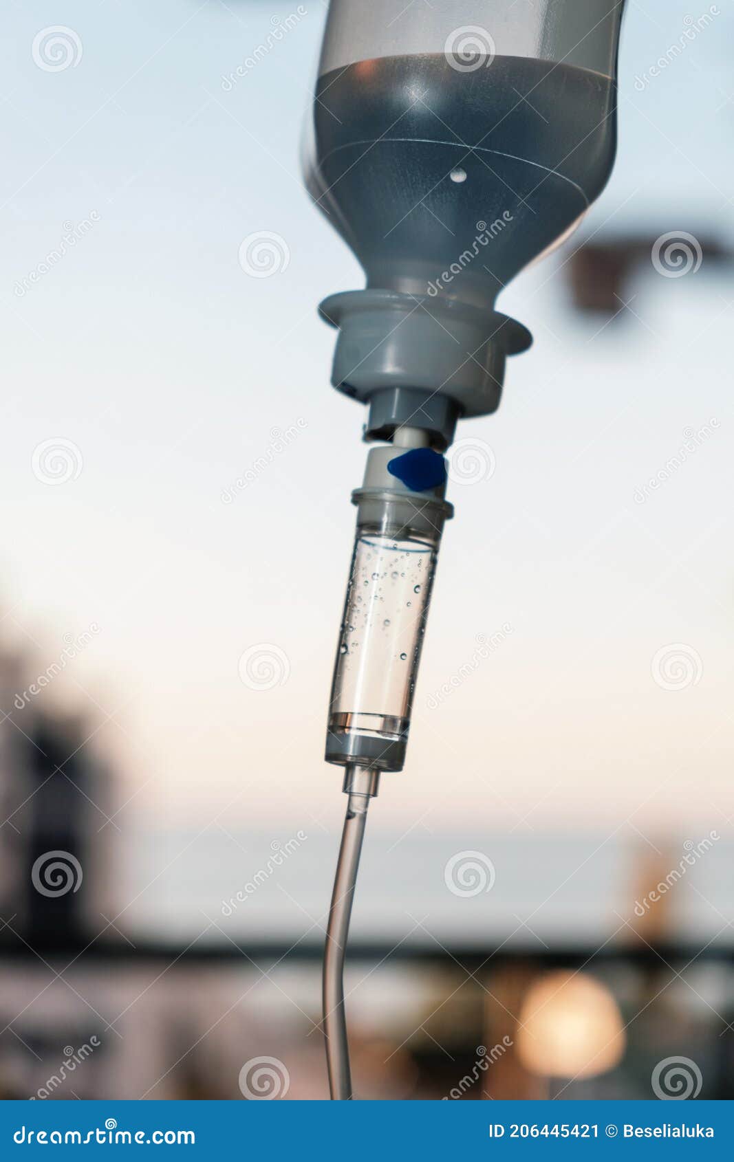 Closeup of a Saline IV Drip Infusion Bottle with IV Solution Stock ...