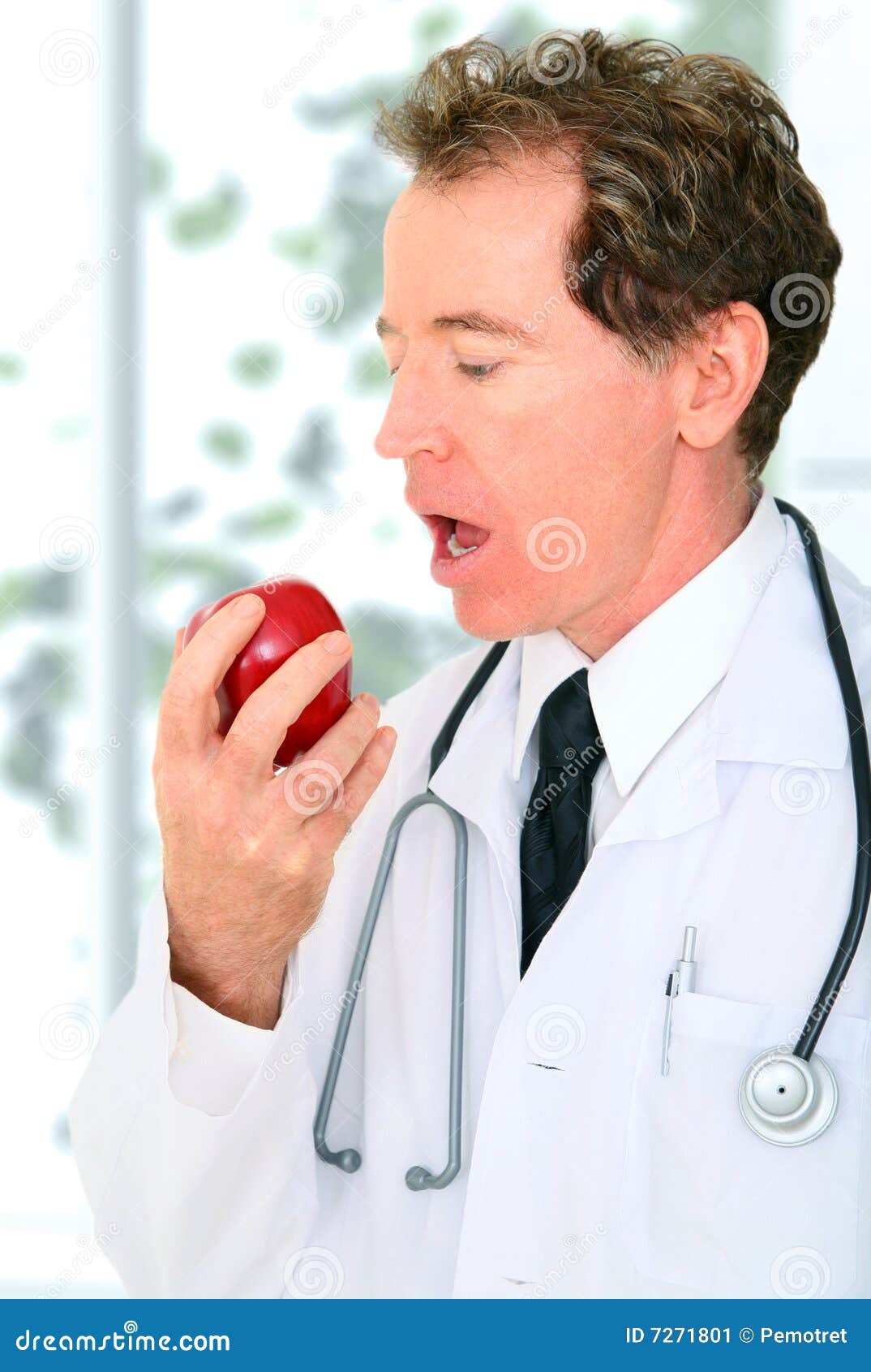 Closeup Senior Doctor Eating Red Apple Stock Image - Image of smile ...