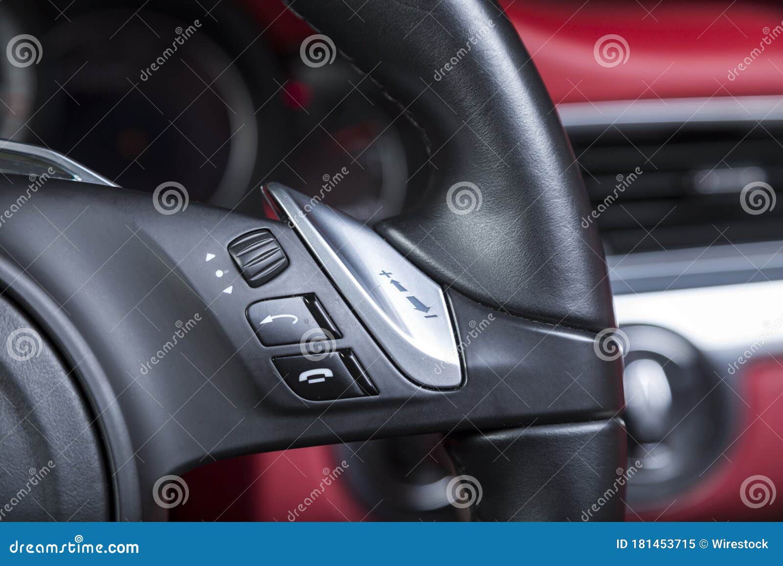 Closeup Shot of Call Buttons on the Steering Wheel of a Modern Car ...