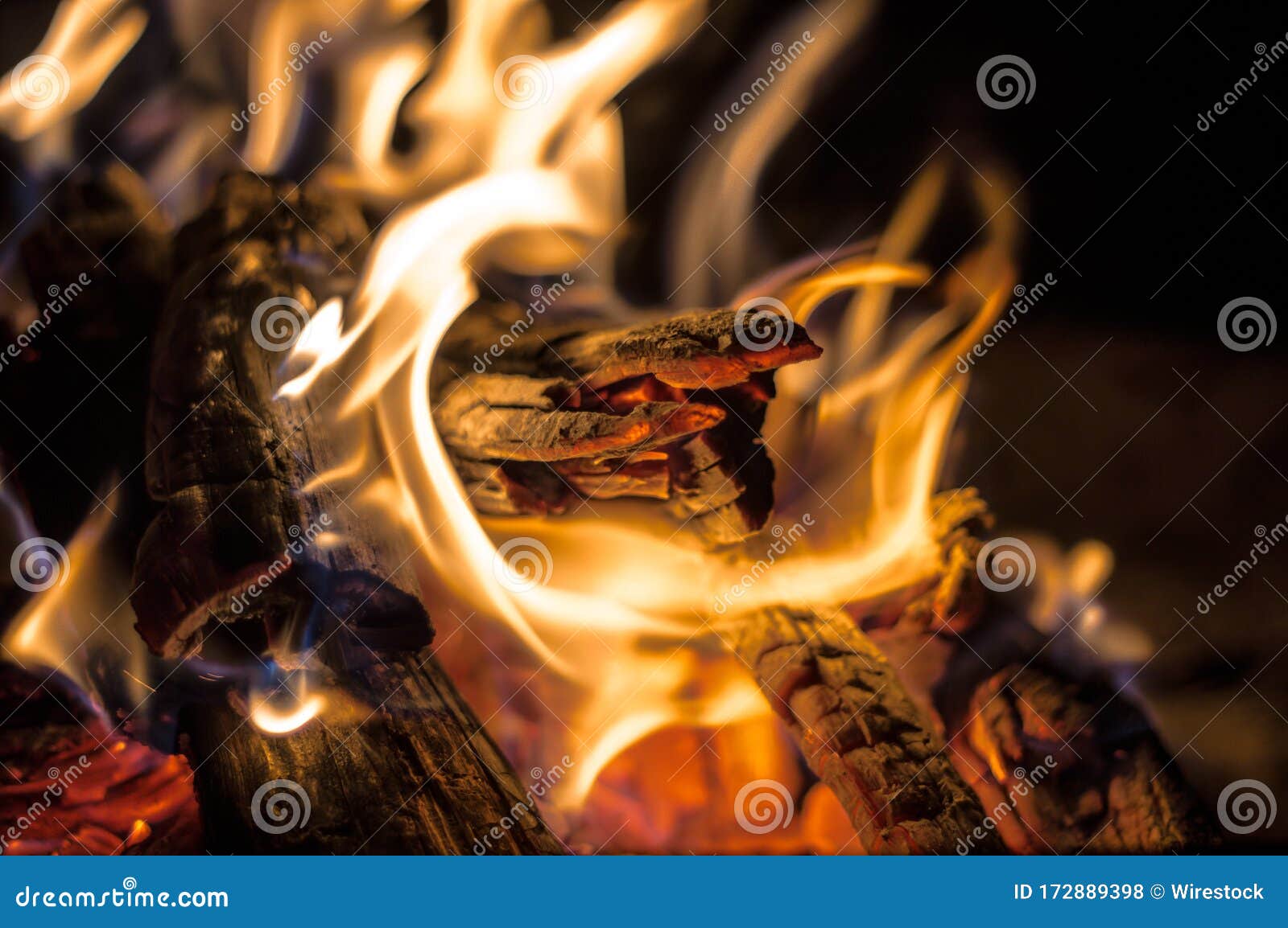 Closeup Shot of a Campfire with Burning Wood and an Open Flame at Night ...