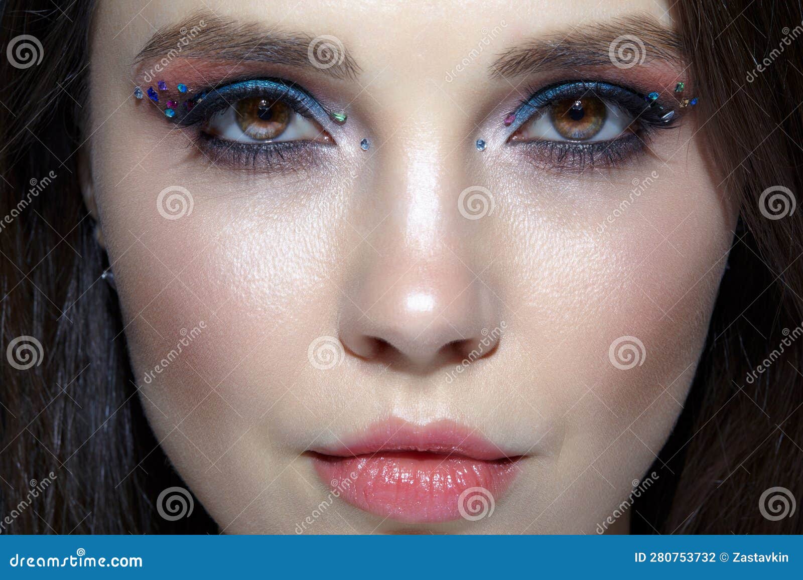 Closeup Shot Of Human Woman Face Female With Face And Eyes Beauty Makeup With Blue Eye Shadow