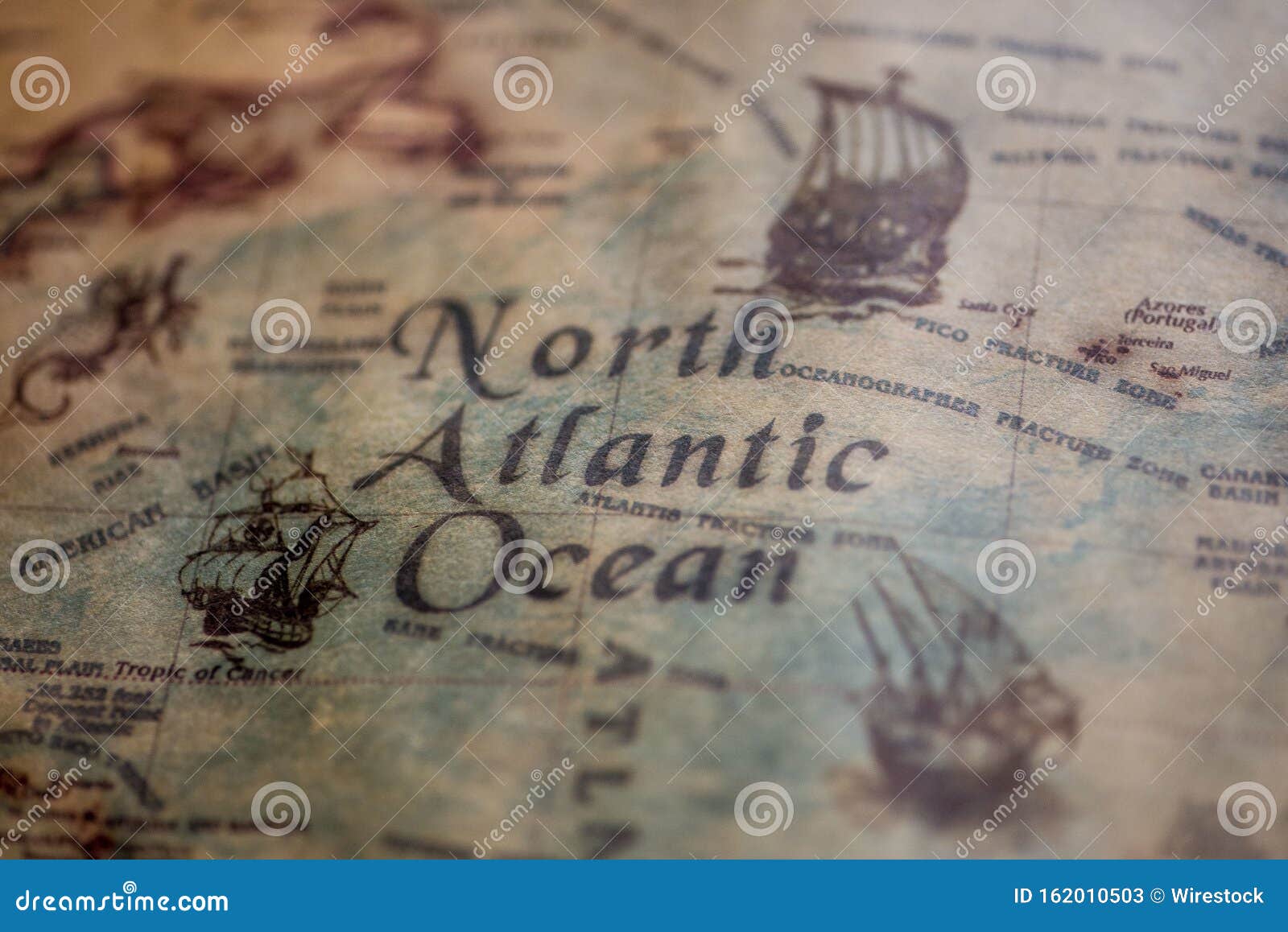 Closeup Shot of the North Atlantic Ocean on a Vintage Map Stock Image ...