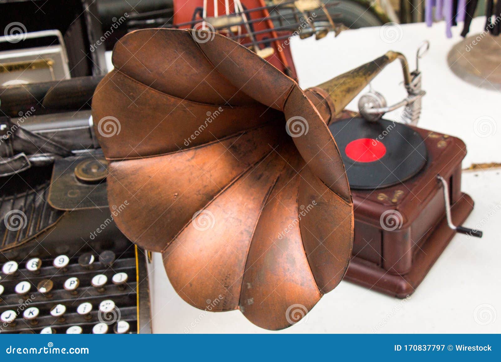 Closeup Shot of an Old Vintage Gramophone and a Typing Machine Stock ...
