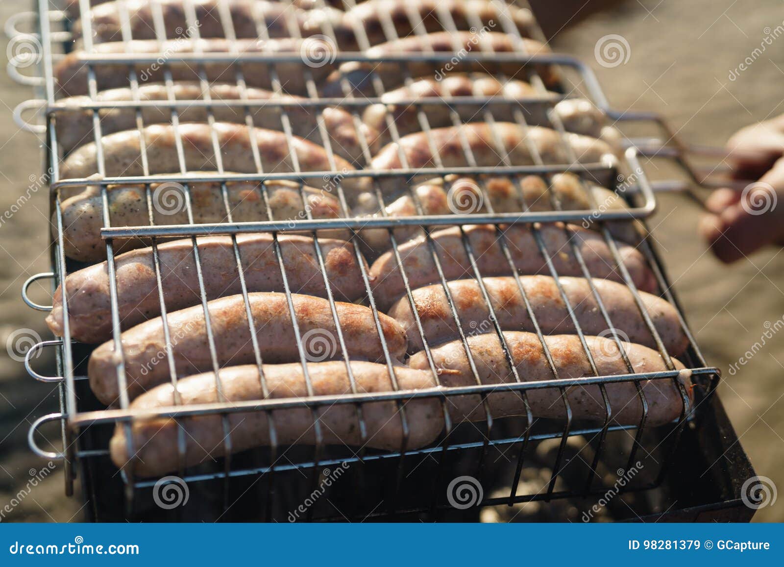Closeup Shot of Preparing Sausages on Bbq Outdoors Stock Image - Image ...