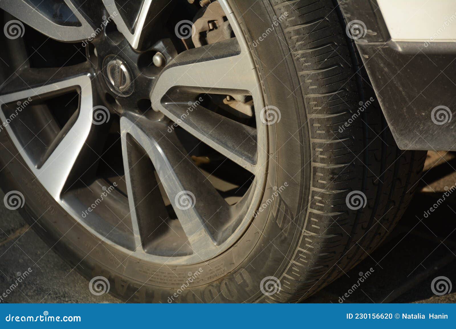A Closeup Shot of Rear Side View Front Wheel. a Car Tire Stock Photo ...