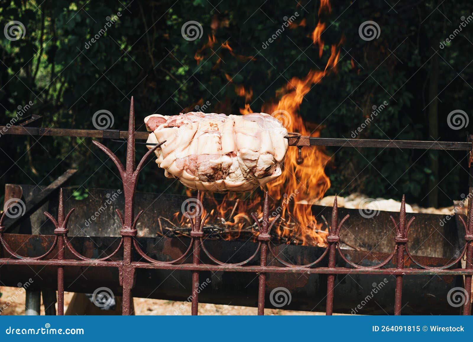 Closeup Shot of Roasting Meat on a Spit with Fire on the Background ...