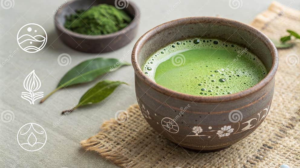 A Closeup Shot of a Rustic Clay Teacup B with Bright Green Tea. the ...
