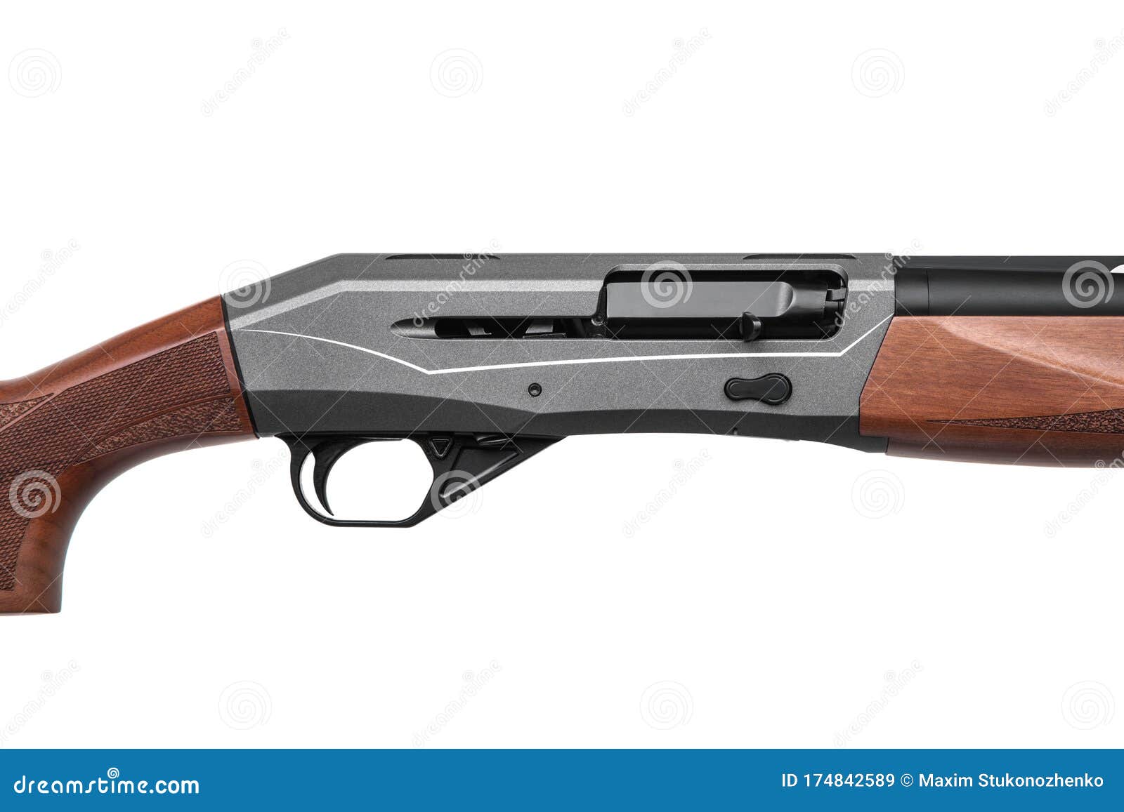 Closeup Shotgun Shutter. Hunting Semi-automatic Shotgun with Wooden ...