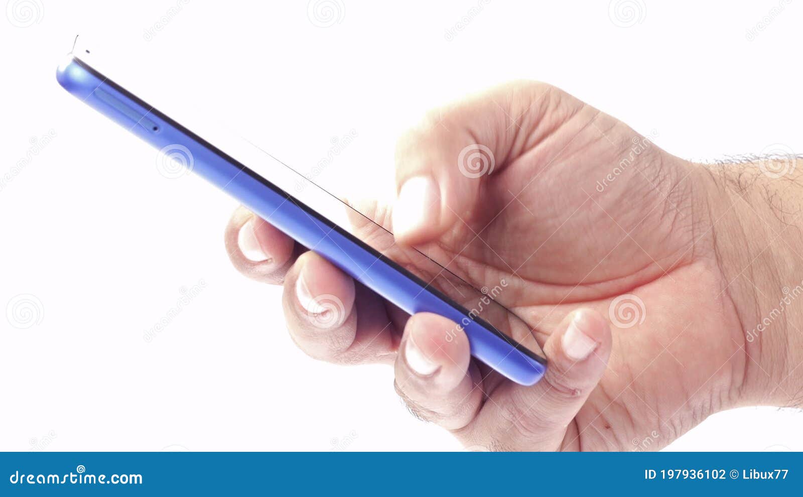 Closeup Side View Male Hand Tapping Touching Screen of Mobile Device on ...