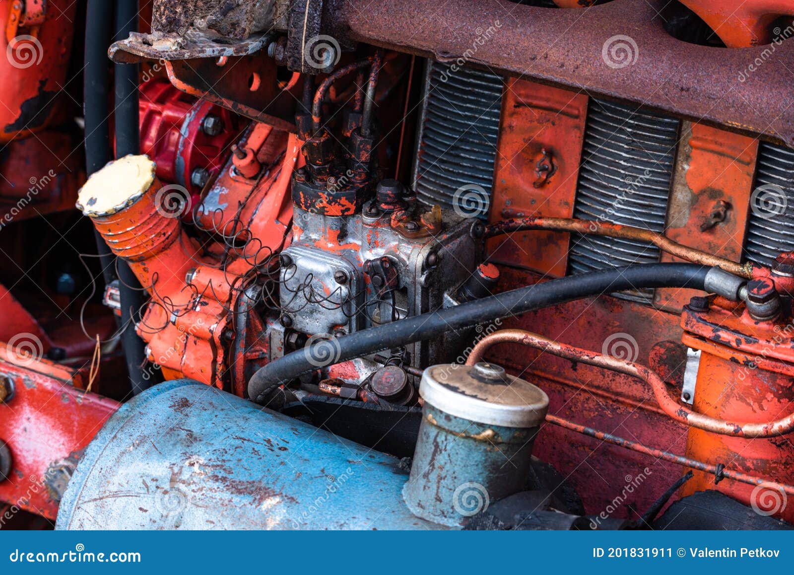 Closeup Side View of Old Tractor Engine Red Rusty Vintage Abstract ...