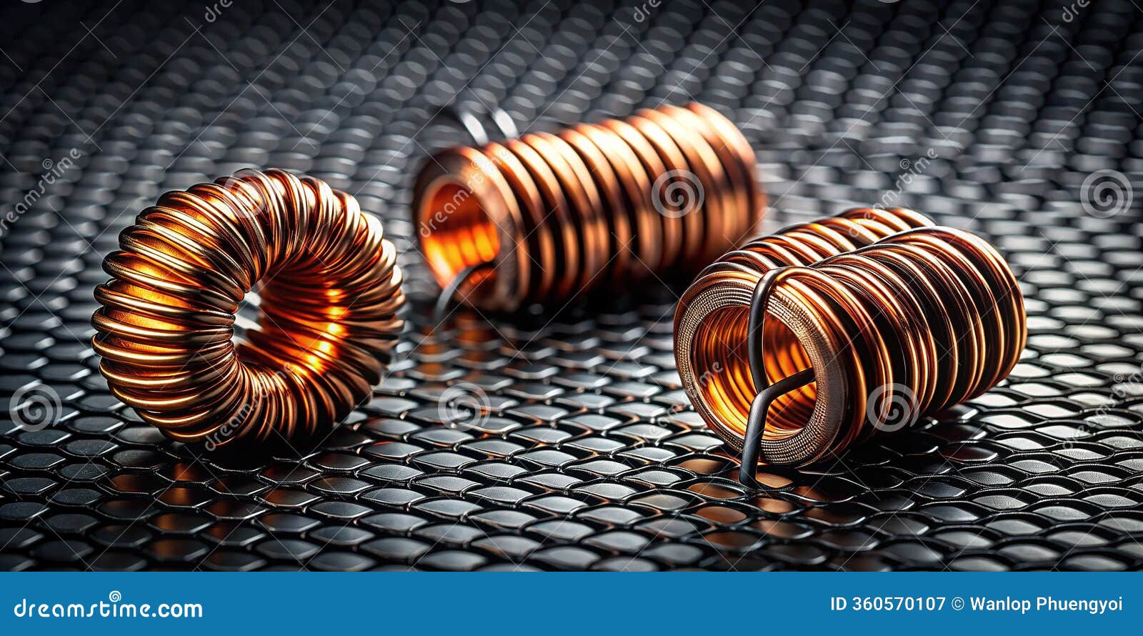 CloseUp Silhouette Of Toroidal And Solenoid Inductors On A Hexagonal ...