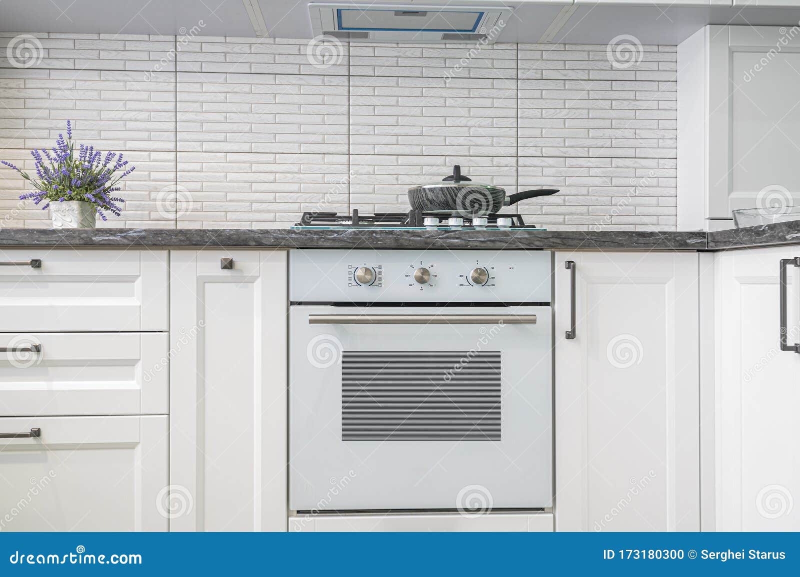 Modern White Kitchen Interior, Front View Stock Photo - Image of detail ...