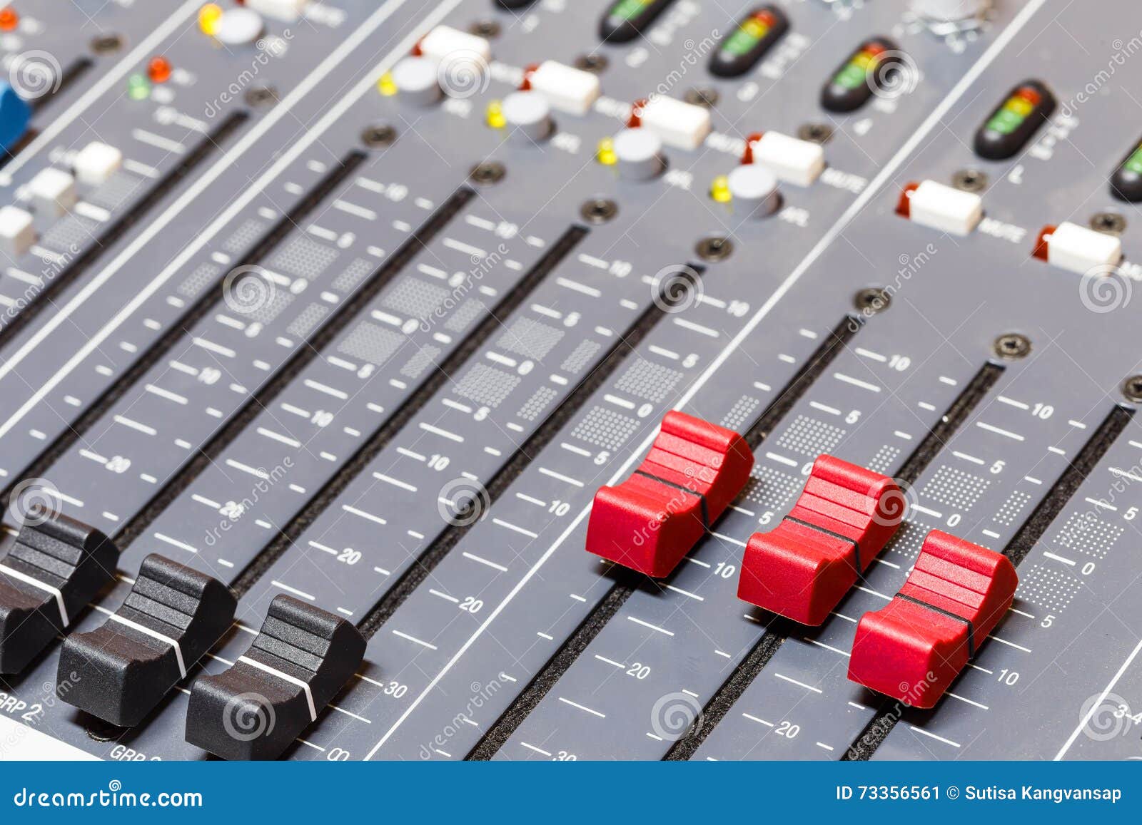 Closeup on Sliders of Sound Mixing Console in Audio Recording Stock ...