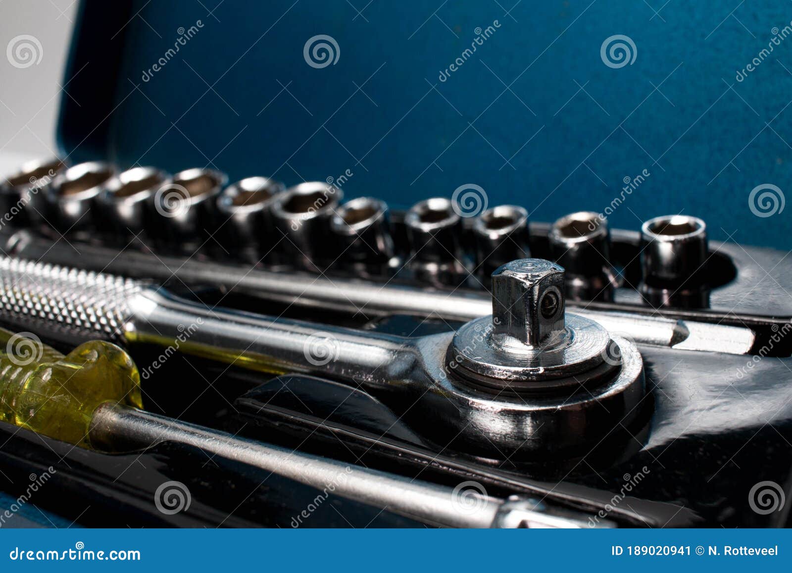 Closeup of a Small Socket Wrench Set in a Metal Storage Box with the ...