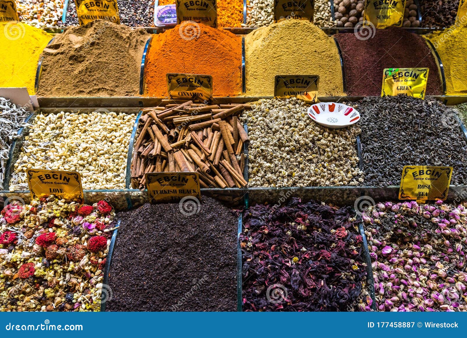 Closeup of Spices in Containers Under the Lights in Istanbul Spice ...