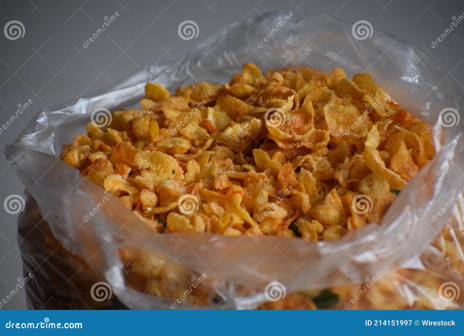 Closeup of Spicy Corn Flakes in a Polythene Bag Stock Image - Image of ...