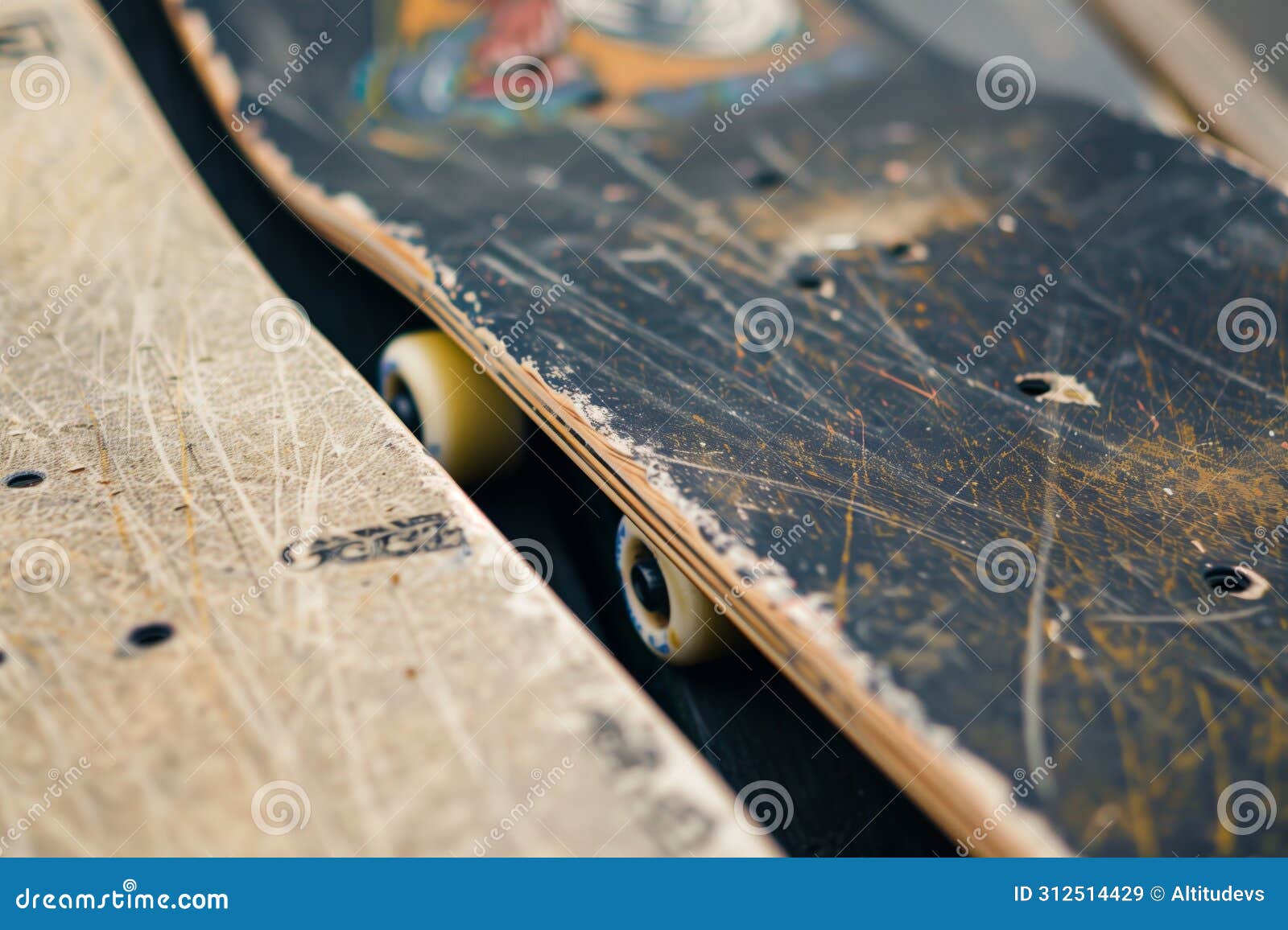 Closeup of a Split Skateboard Deck with Worn Graphics Stock ...