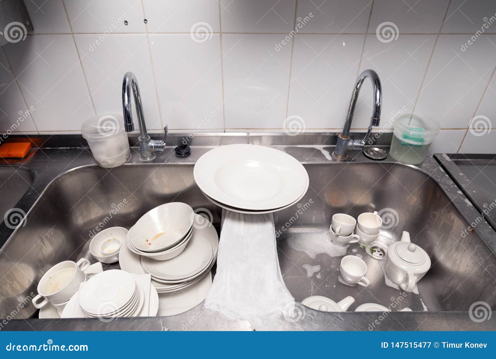 Closeup Stack of Dirty Dishes at Bottom of Metal Square Sink at ...