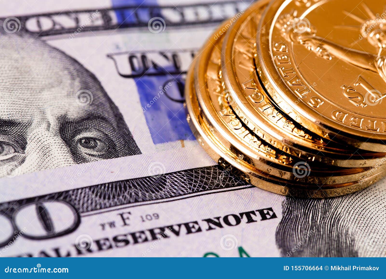 Stack dollars golden coins stock photo. Image of metal - 155706664