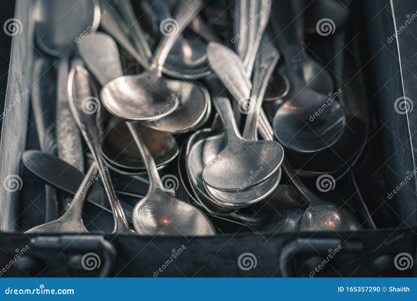 Closeup of Stack of Spoons in a Metal Box Stock Photo - Image of silver ...