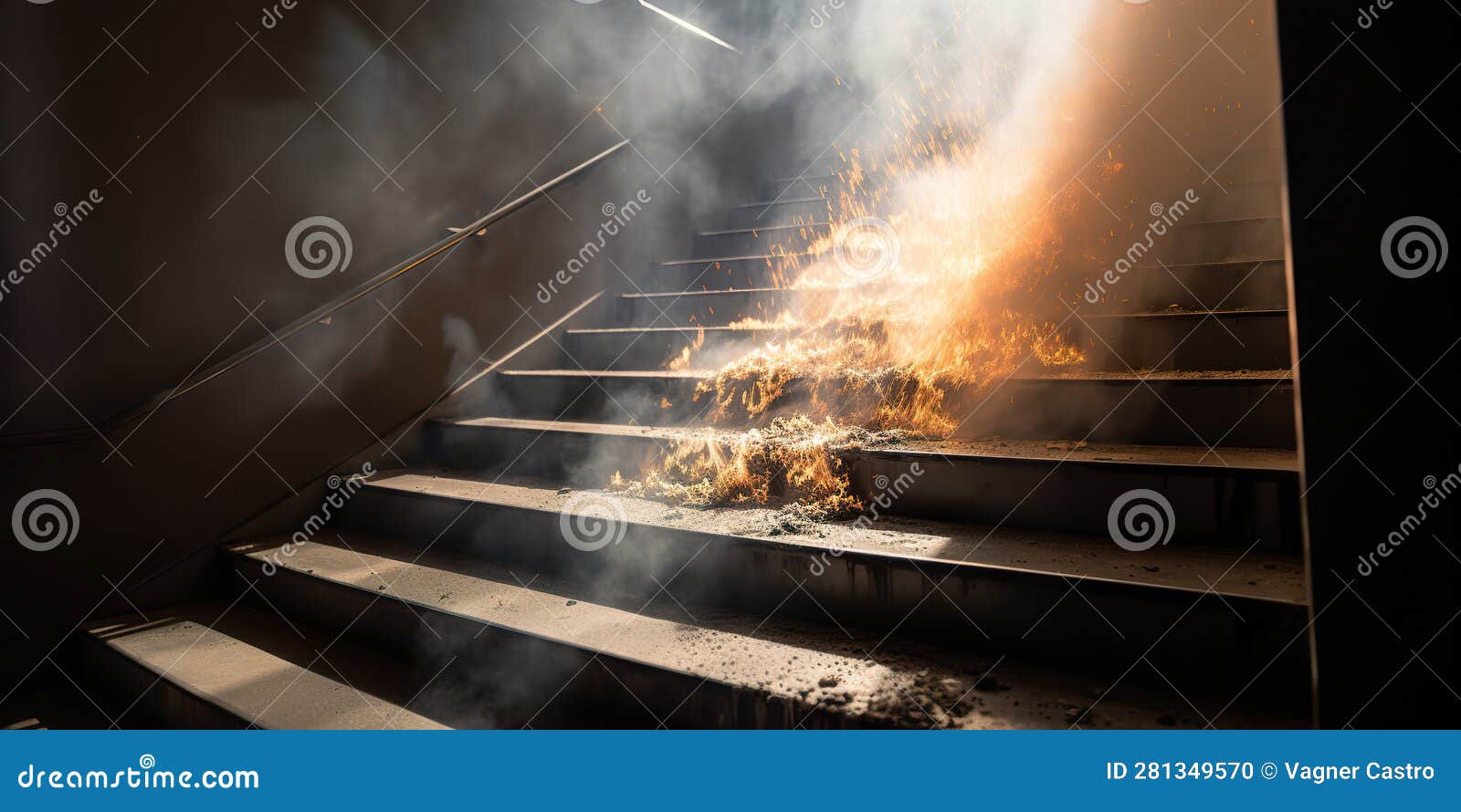 Closeup of Stair Treads Exploding in Bright Fire and Chunks of Concrete ...