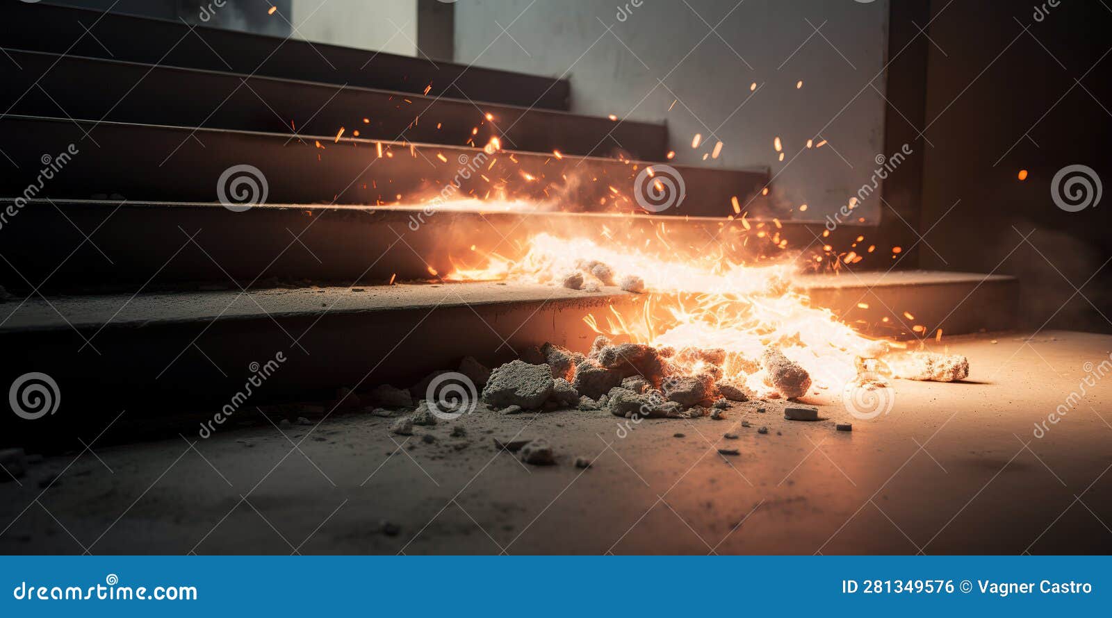 Closeup of Stair Treads Exploding in Bright Fire and Chunks of Concrete ...