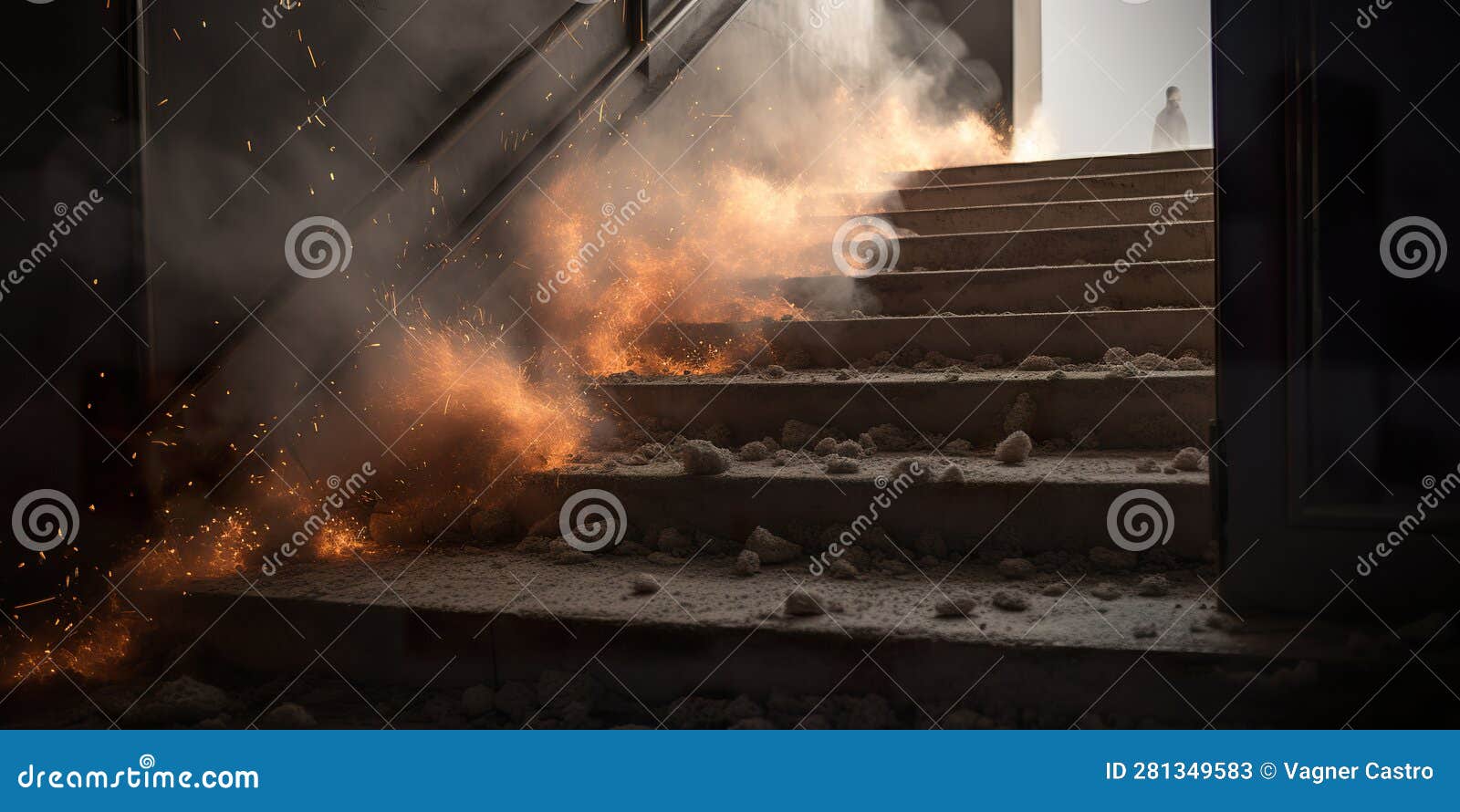 Closeup of Stair Treads Exploding in Bright Fire and Chunks of Concrete ...
