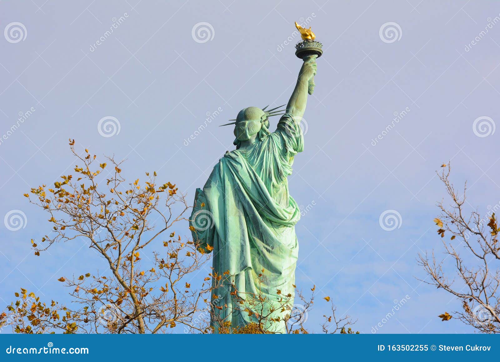 Closeup of the Statue of Liberty from Behind with Autumn Trees Stock ...