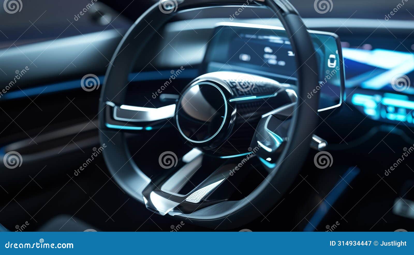 A Closeup of the Steering Wheel with Handsfree Capability Emphasizing ...