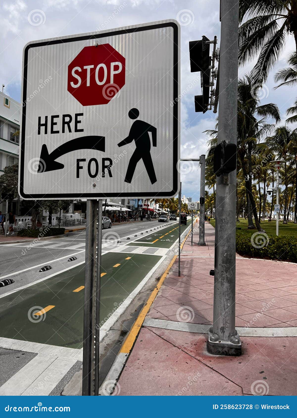 Closeup of Stop Here Pedestrian Sign in Street Editorial Stock Photo ...
