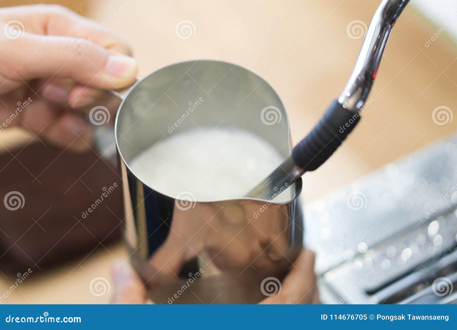 Closeup Stream Milk for Make Hot Coffee Latte Art with Machine, Stock ...