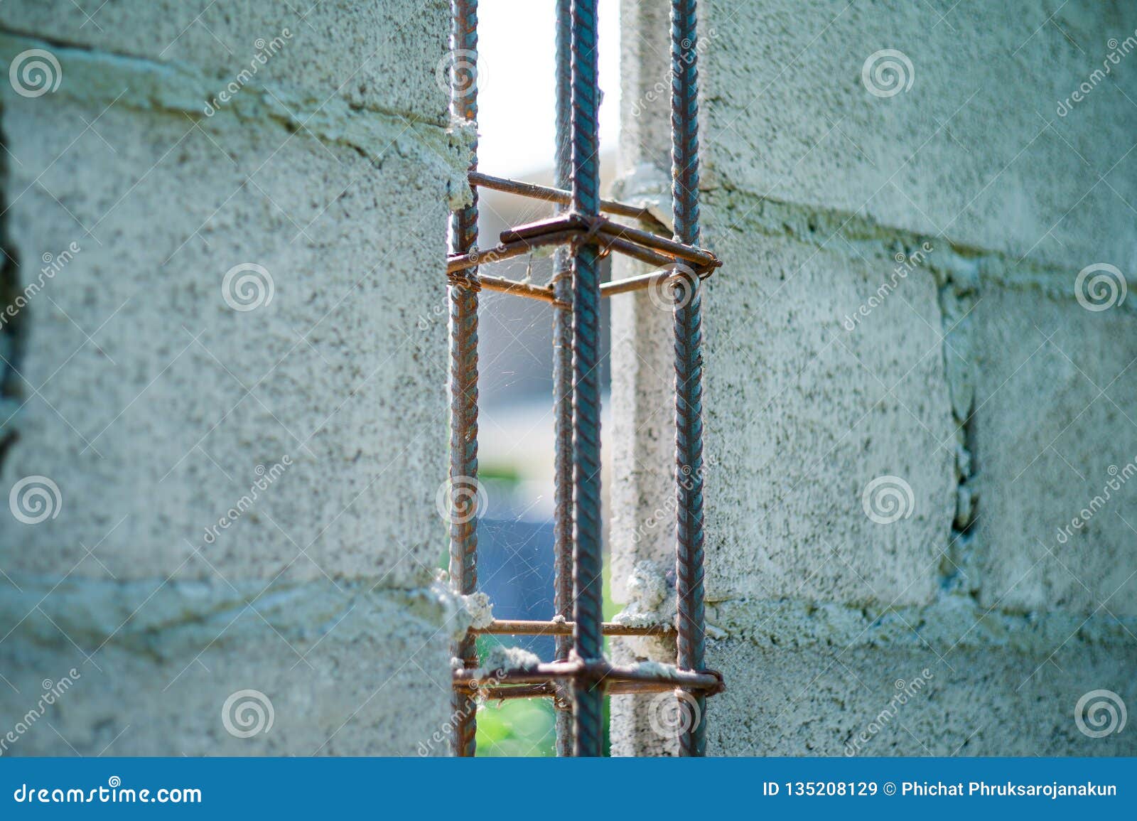 Closeup Structure of Reinforcement Steel in the Cement Brick Wall Stock ...