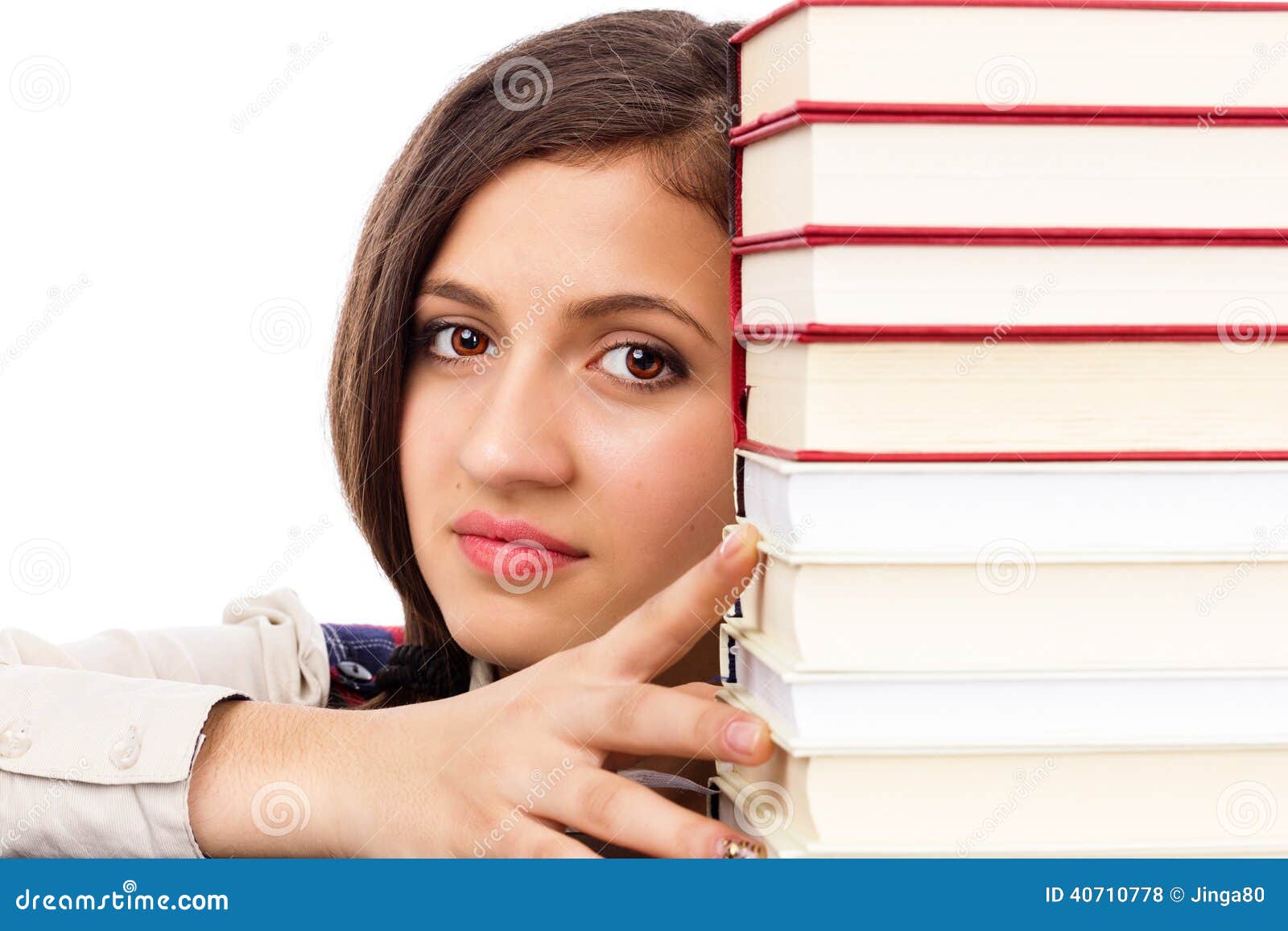 Closeup of Student Face Behind Stack of Books Stock Photo - Image of ...