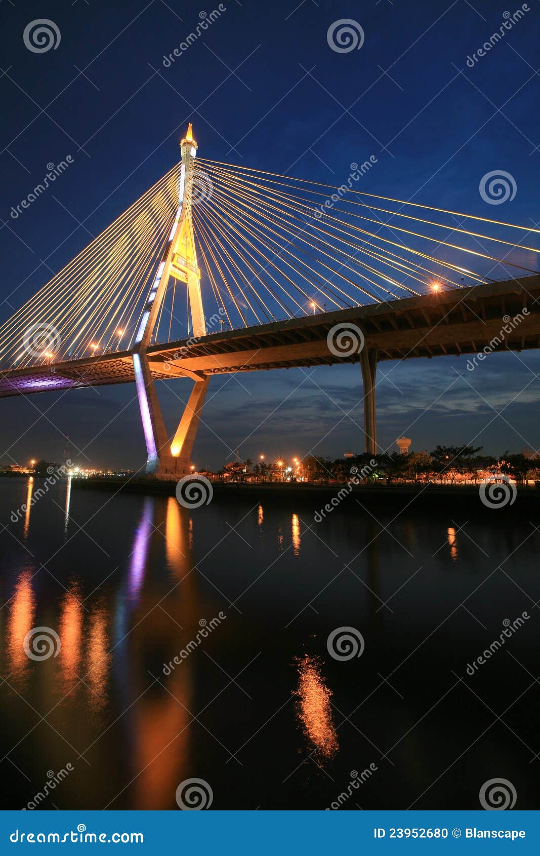 Closeup Suspension Bridge with Reflection on Water Stock Photo - Image ...