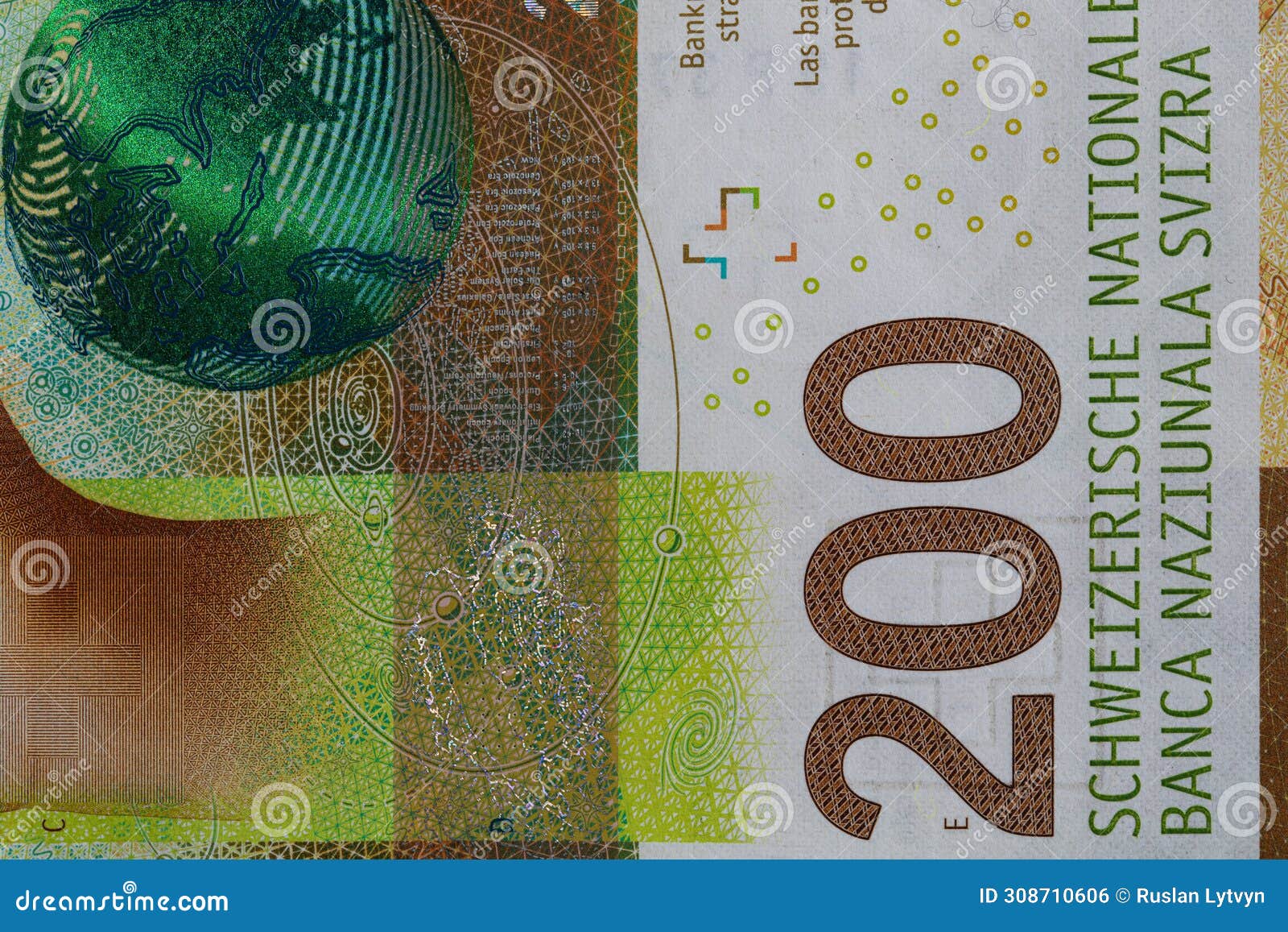 Closeup of 200 Swiss Franc Banknote Stock Photo - Image of cern, globe ...